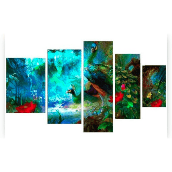 Diamond Painting Pauw in kleurrijk bos 5 luik - SEOS Shop